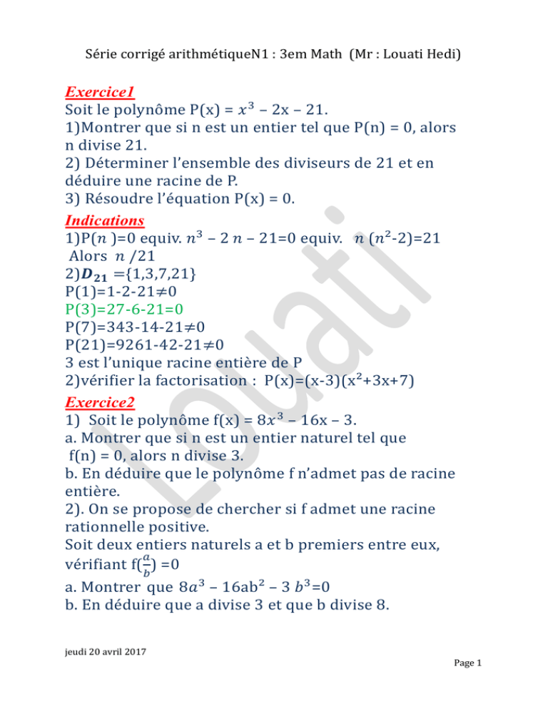 S rie Corrig Arithm tiqueN1 3em Math Mr Louati Hedi S rie Corrig Arithm tiqueN1 3em Math Mr Louati Hedi