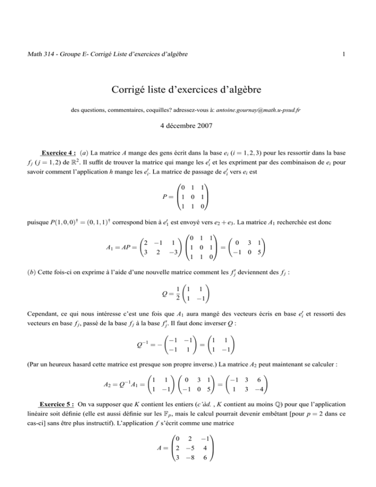 Corrig Liste D exercices D alg bre Corrig Liste D exercices D alg bre