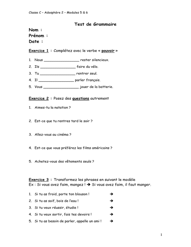 Test De Grammaire Nom Pr nom Date Test De Grammaire Nom Pr nom Date