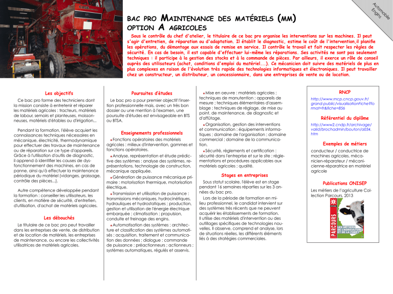 BAC PRO MAINTENANCE DES MAT RIELS MM OPTION A BAC PRO MAINTENANCE DES MAT RIELS MM OPTION A
