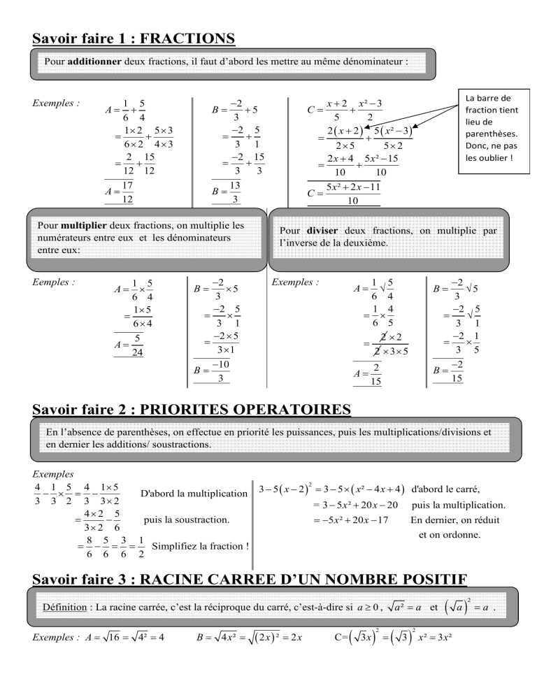 Savoir Faire 1 FRACTIONS Savoir Faire 2 PRIORITES