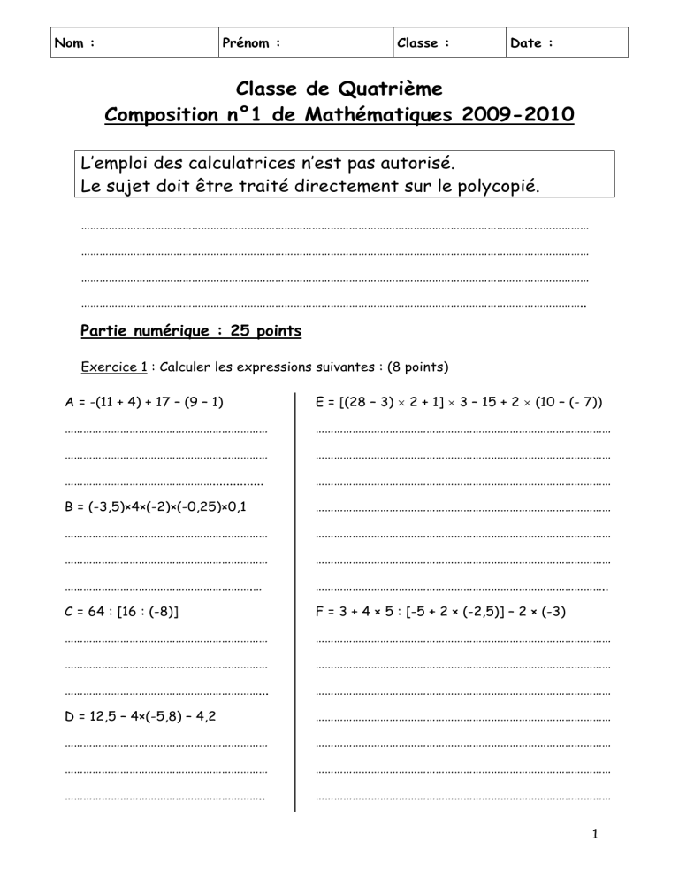Classe De Quatri me Composition N 1 De Math matiques 2009 2010