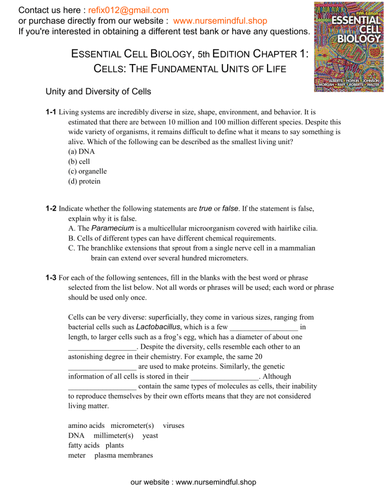 Test Bank for Essential Cell Biology 5th Edition Alberts Hopkin