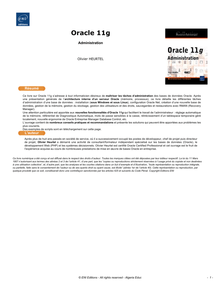 Oracle 11g Administration: Guide Complet